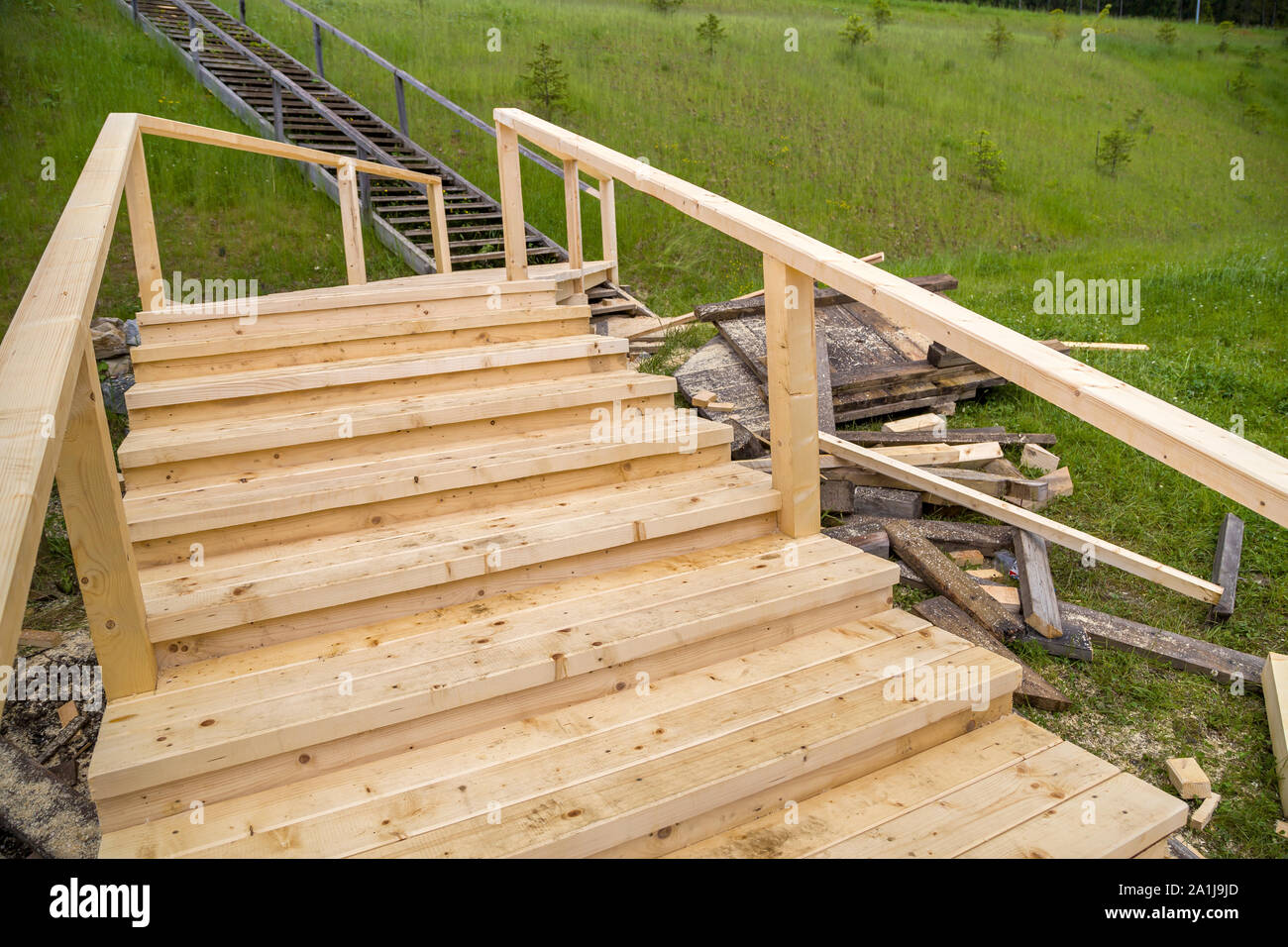 New wooden stairs outdoors. Carpenters work Stock Photo - Alamy