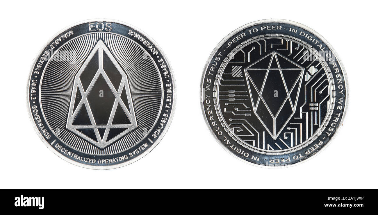 Face and back side of the crypto currency, silver EOS isolated on white ...