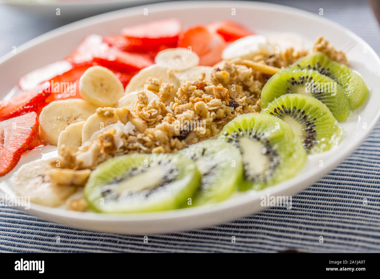Healthy breakfast served with plate of yogurt muesli kiwi strawberries ...