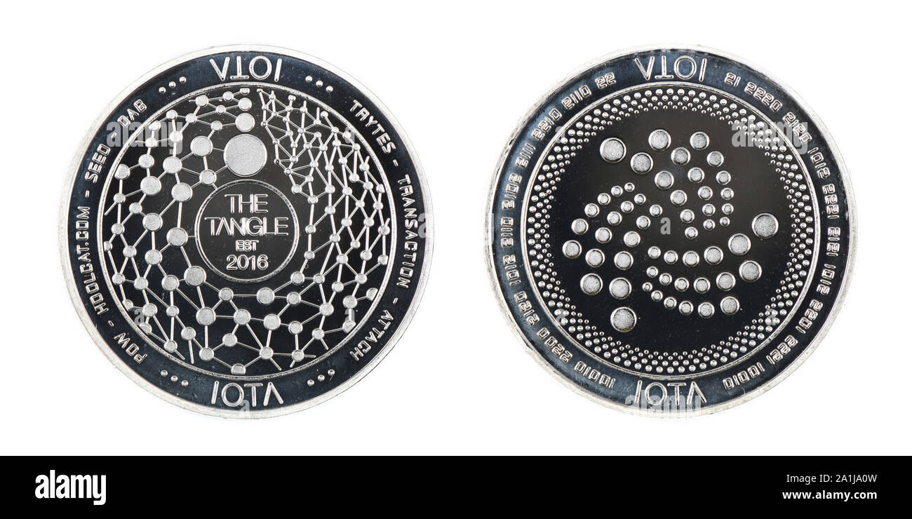 Face and back side of the crypto currency silver iota isolated on white ...