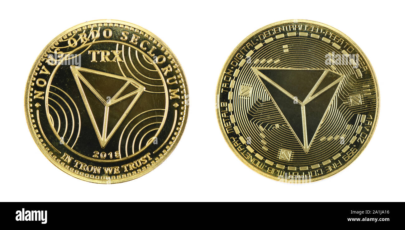 Face and back side of the crypto currency golden tron isolated on white ...