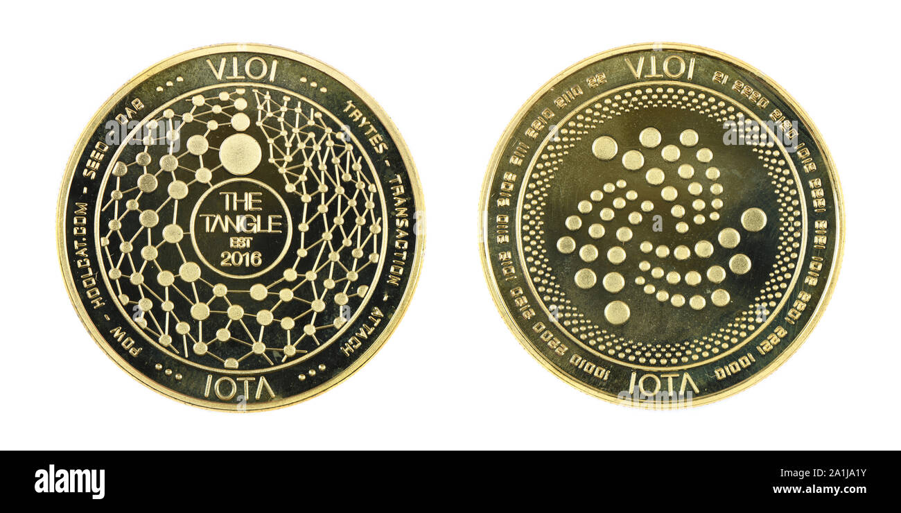 Face and back side of the crypto currency golden iota isolated on white ...