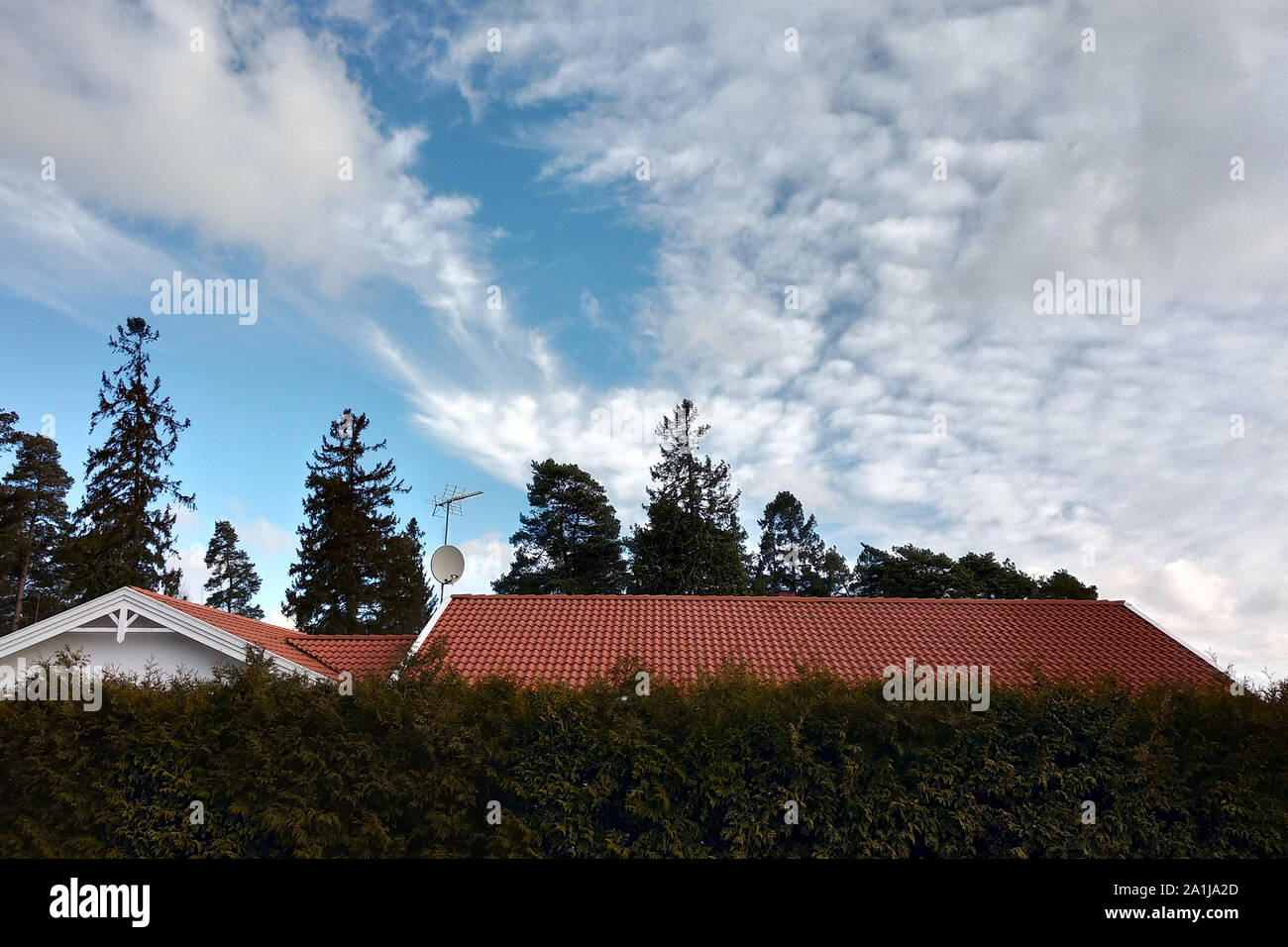 Private house roof with red tiles over green bushes with blue sky over ...