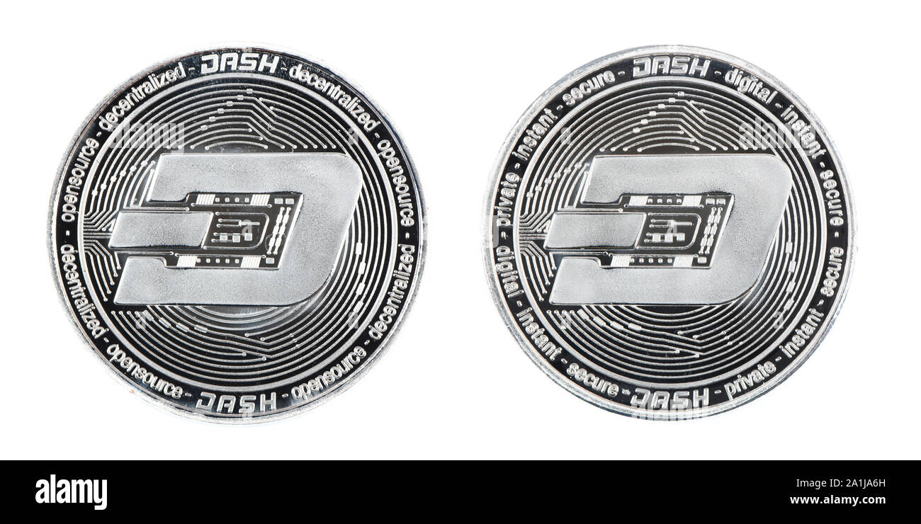Face and back side of the crypto currency silver dash isolated on white ...