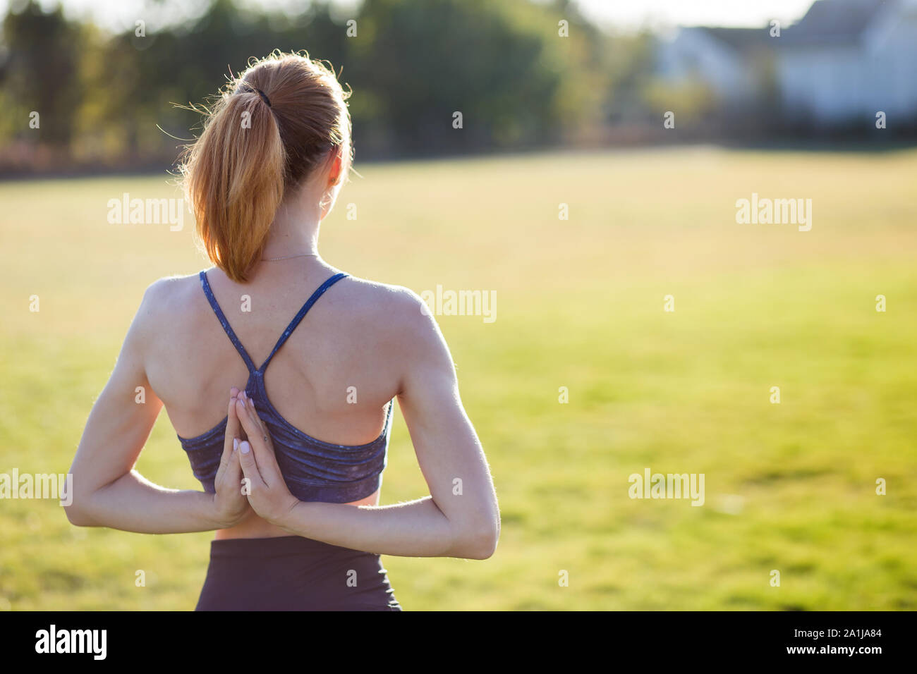 Back view of young girl in yoga position meditates in field at sunrise ...