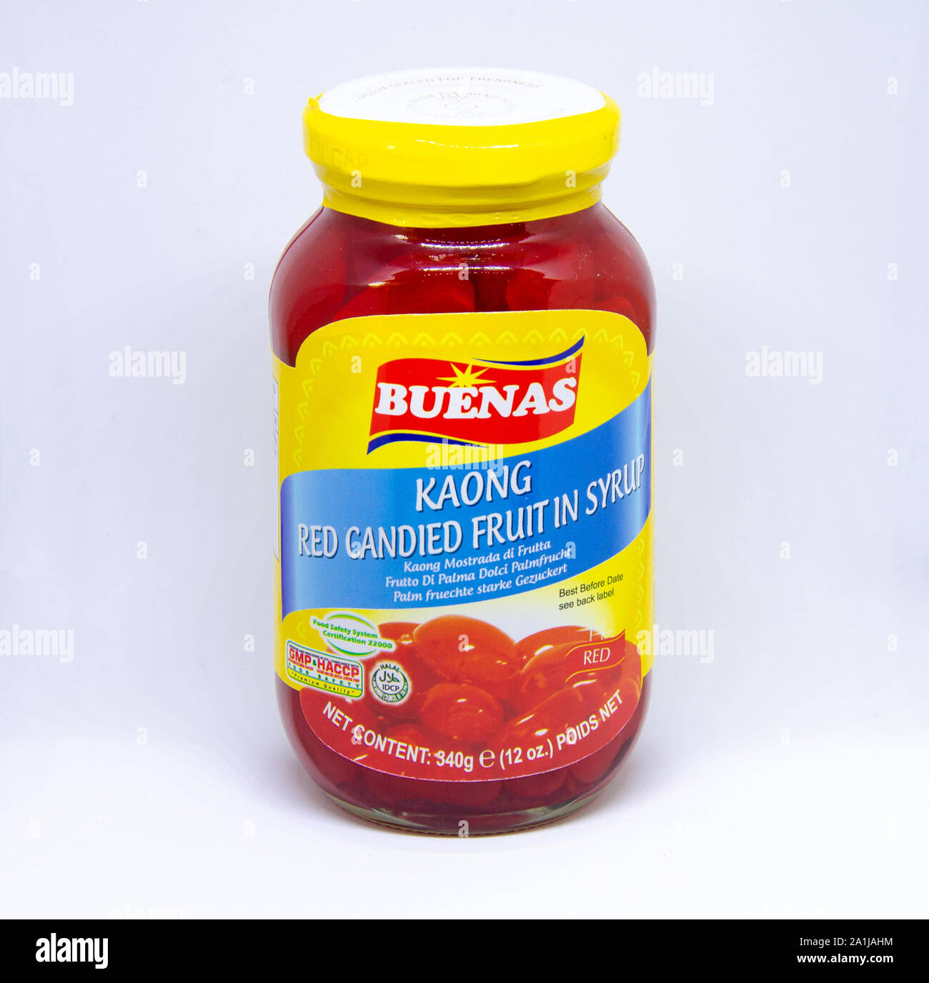 A jar of Kaong, a red candid fruit in syrup from The Philippines Stock ...