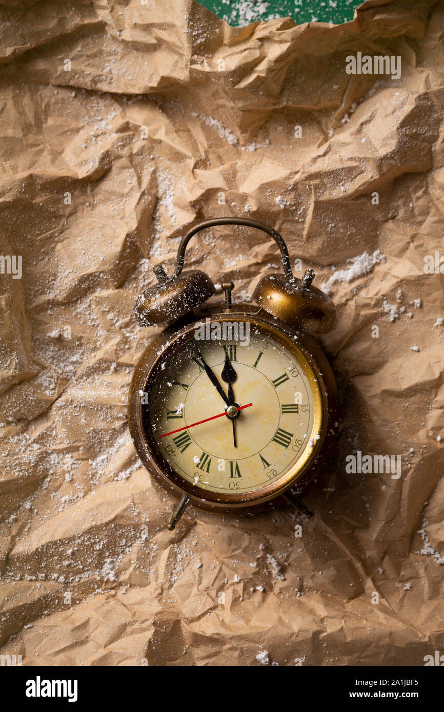 Retro alarm clock top view, holiday concept Stock Photo - Alamy