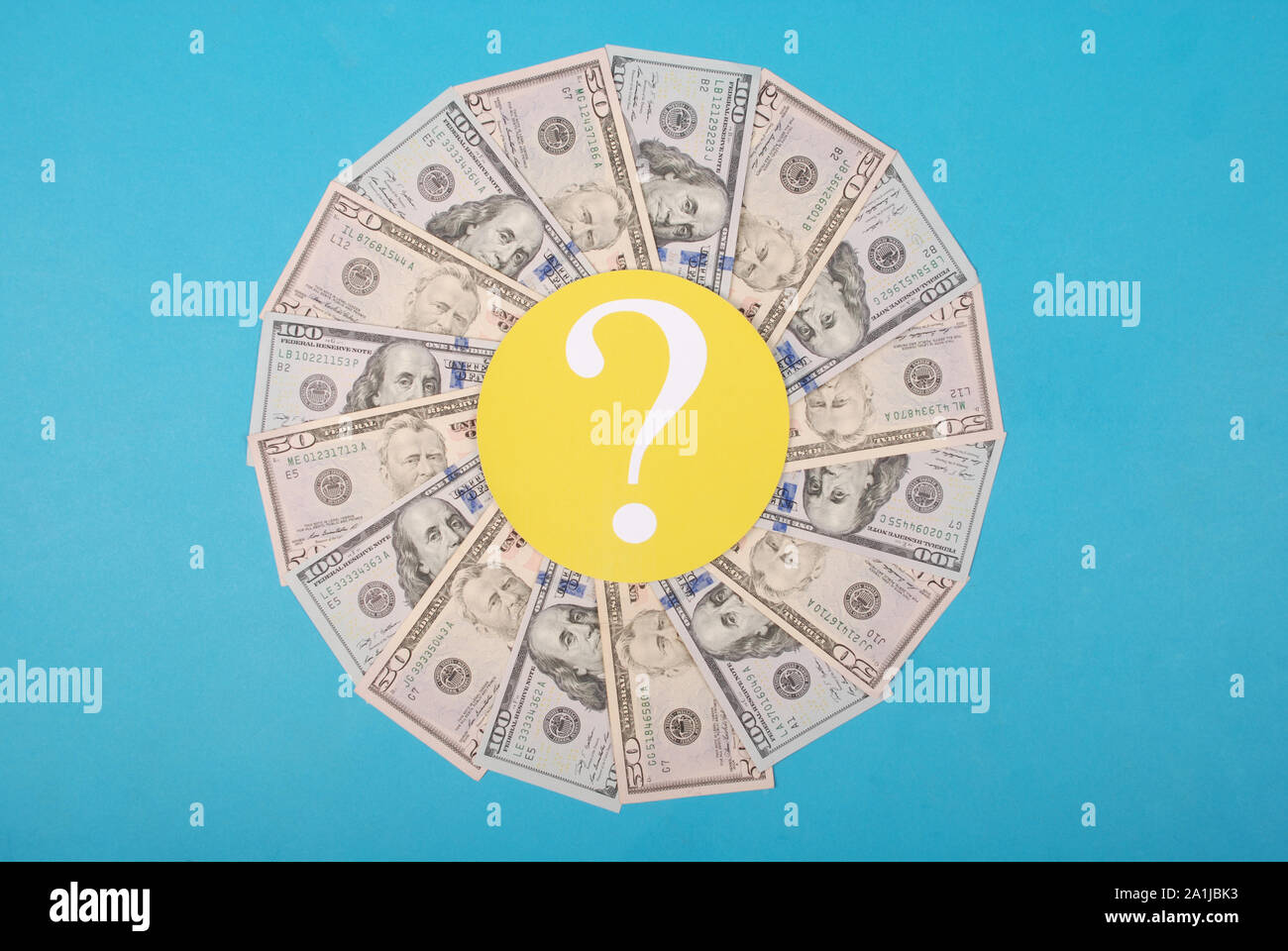 Question mark on kaleidoscope from money. Abstract money background ...
