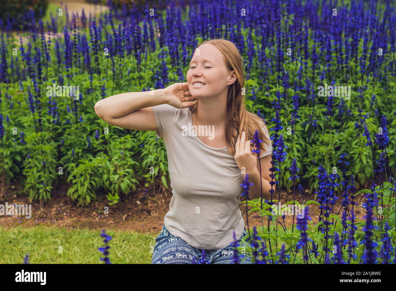 Young woman on the background of Blue salvia farinacea flowers blooming ...