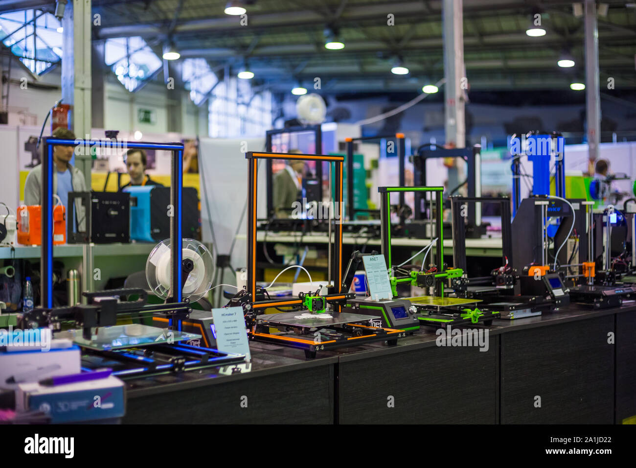Automatic 3D printers working at modern technology exhibition Stock ...
