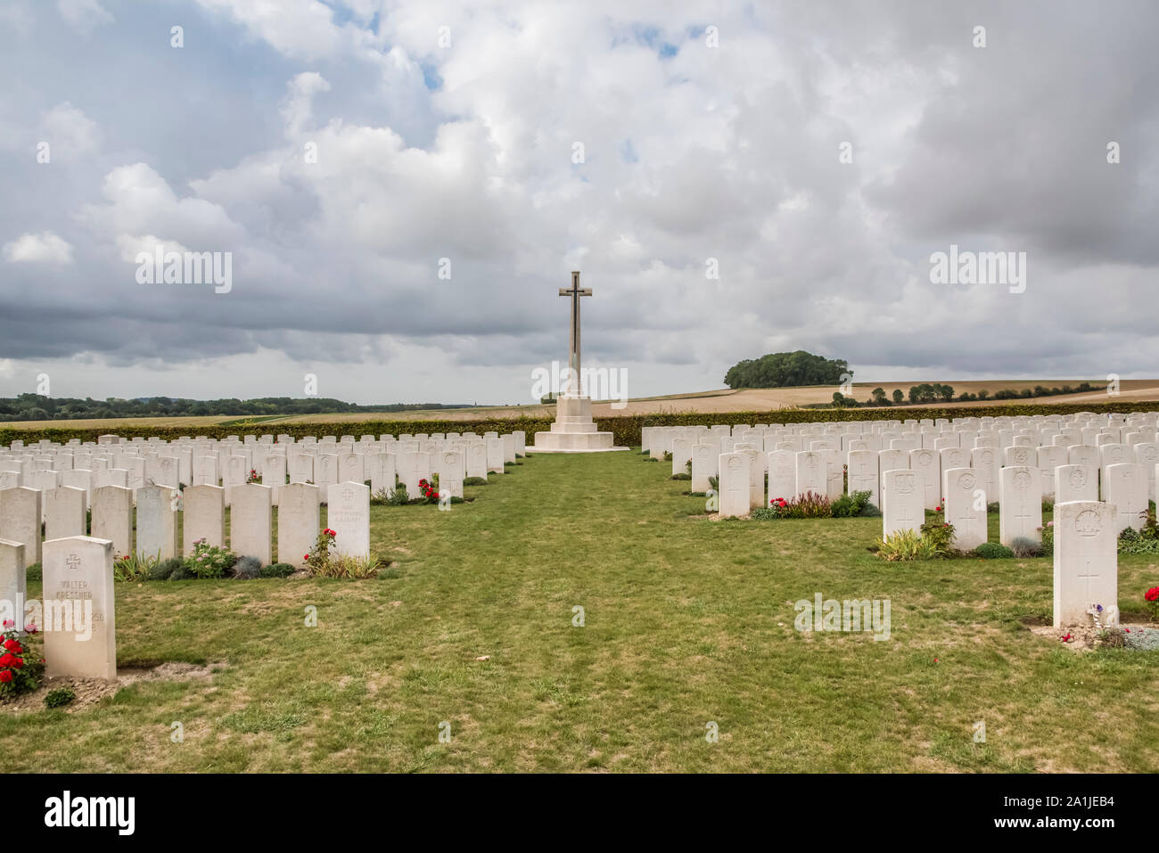 THE Cross of sacrifice at the WWI CWGC Tincourt New British Cemetery on ...