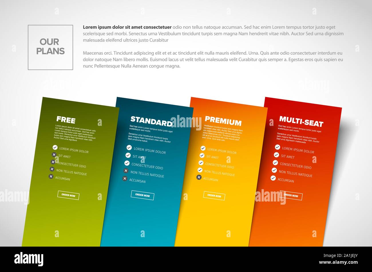 Product features schema template cards with four services subscription ...