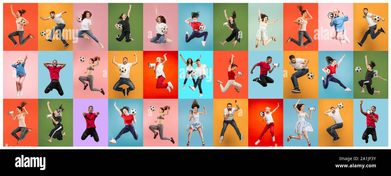 Beautiful male and female portrait on multicolored backgroud. Smiling ...