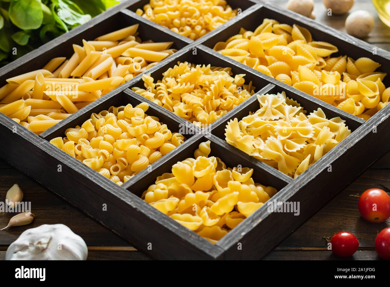 Different types of raw pasta. Italian food. Healthy food background ...