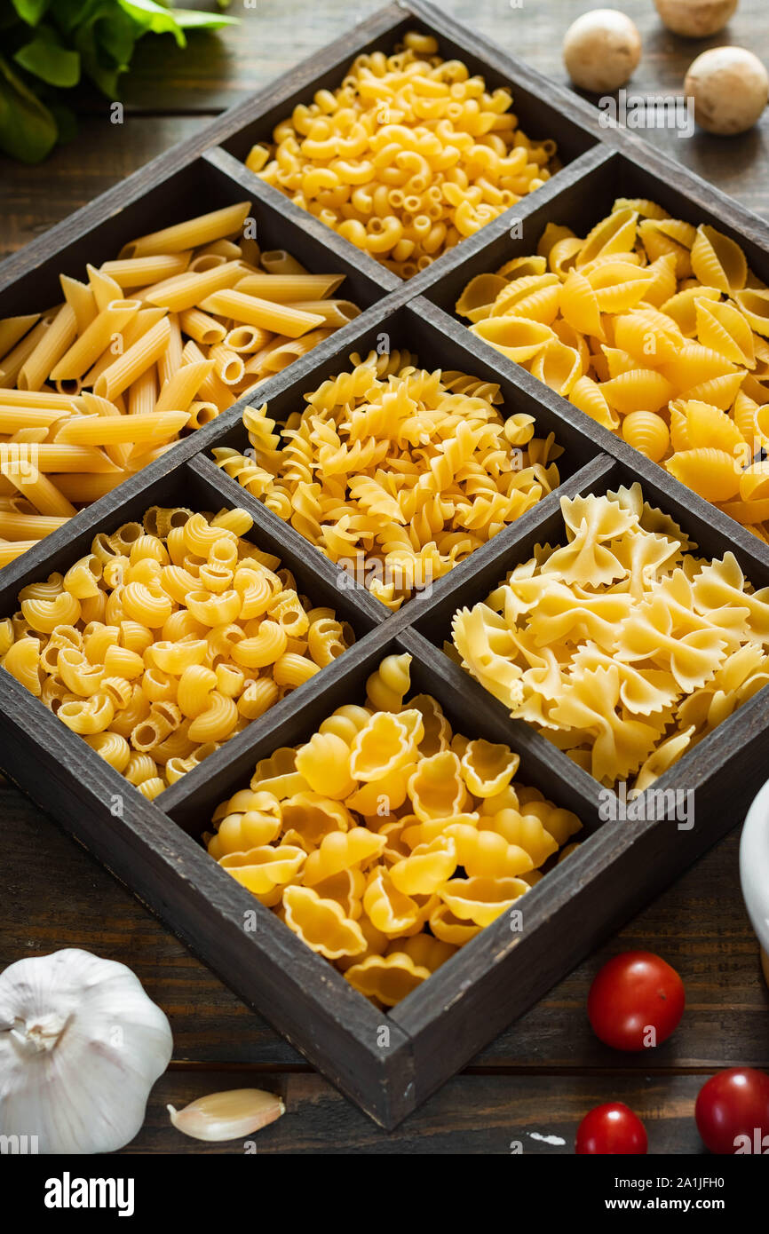 Different types of raw pasta. Italian food. Healthy food background ...
