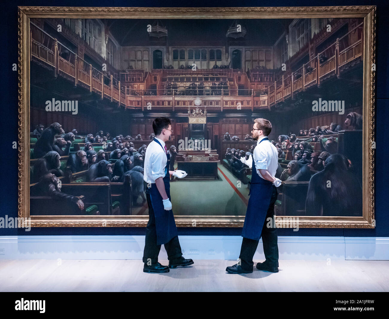 London, UK. 27th Sep 2019. Devolved Parliament, 2009, by Banksy, est £1 ...