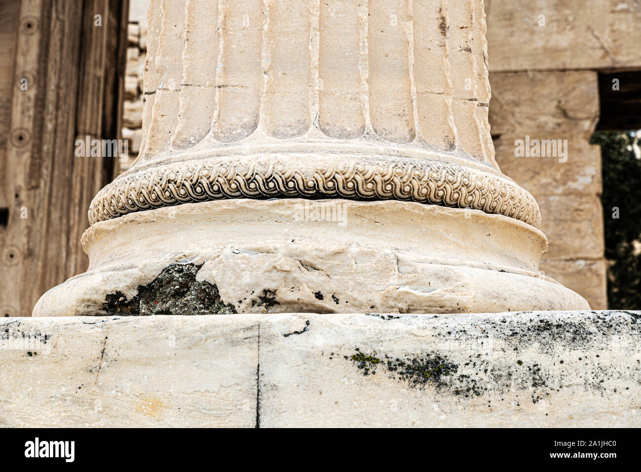 Closeup of the base of a column of the Acropolis of Athens, Greece ...