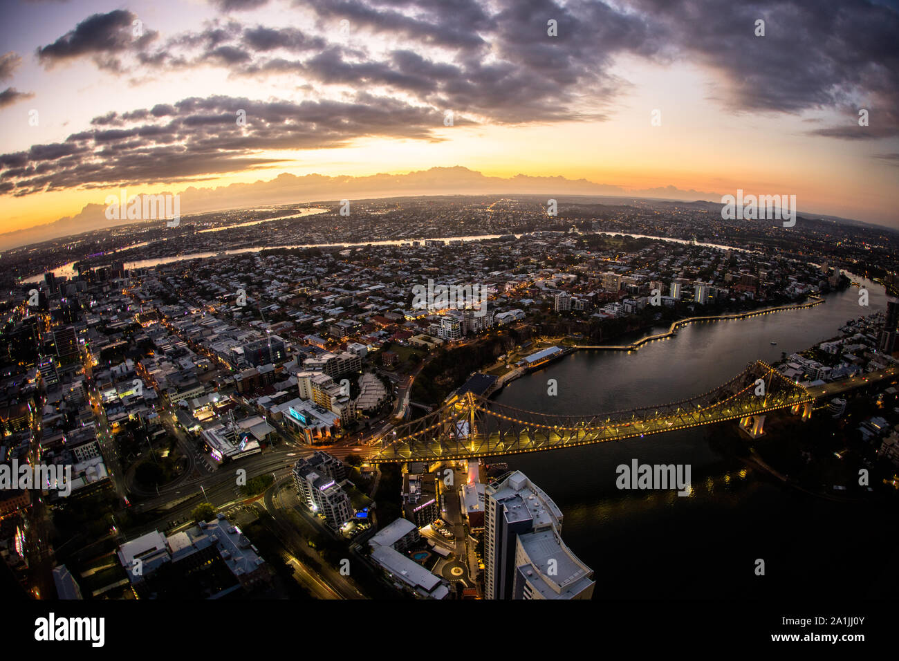 Brisbane at dawn with the Story Bridge and Brisbane River from aerial ...