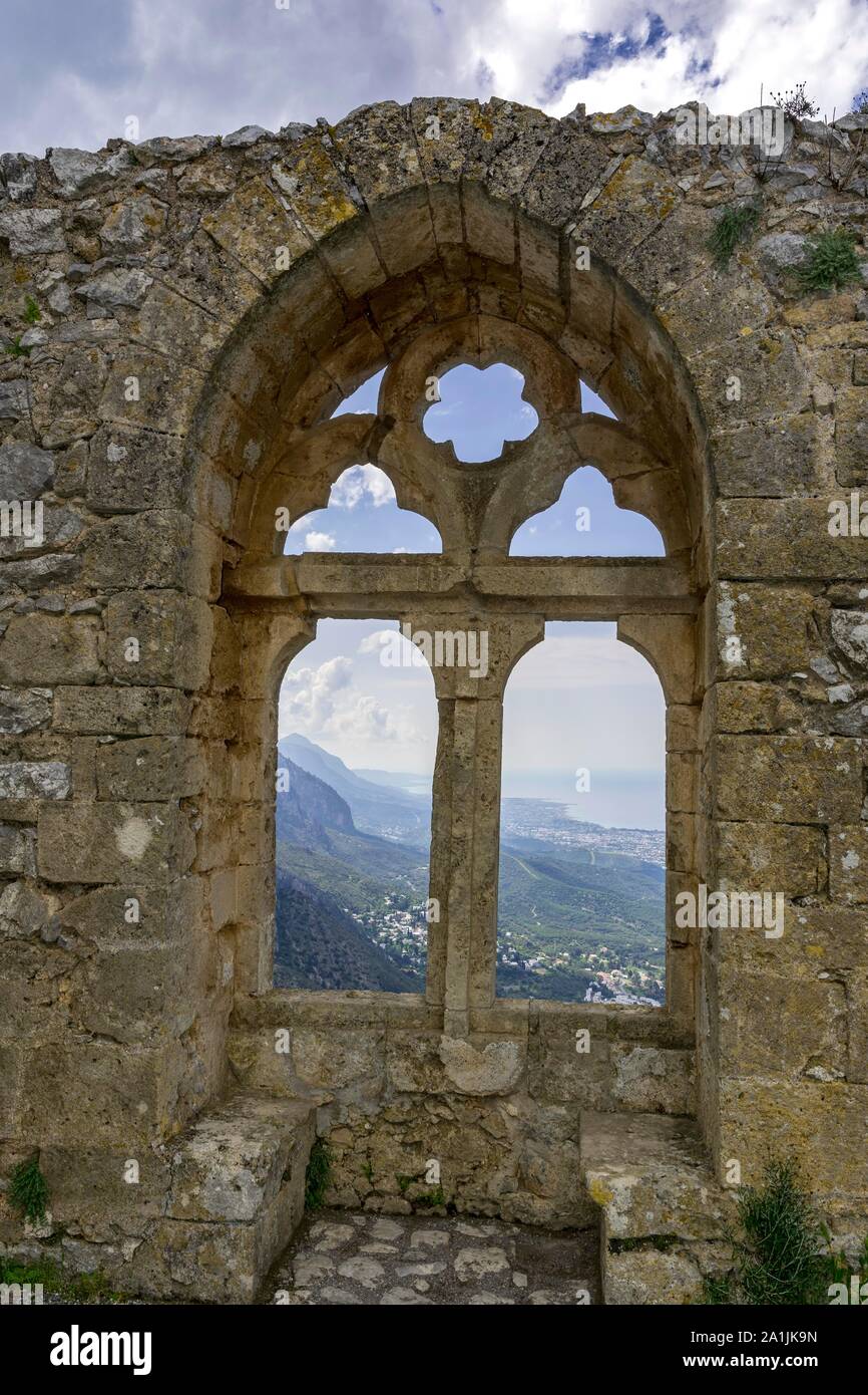 Gothic window, castle ruin St.Hilarion, Girne, district Kyrenia ...