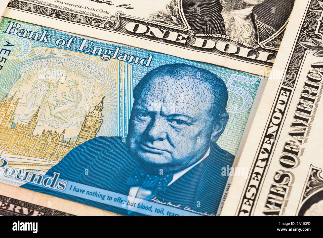 Portrait of Sir Winston Churchill on five pound banknote, United ...