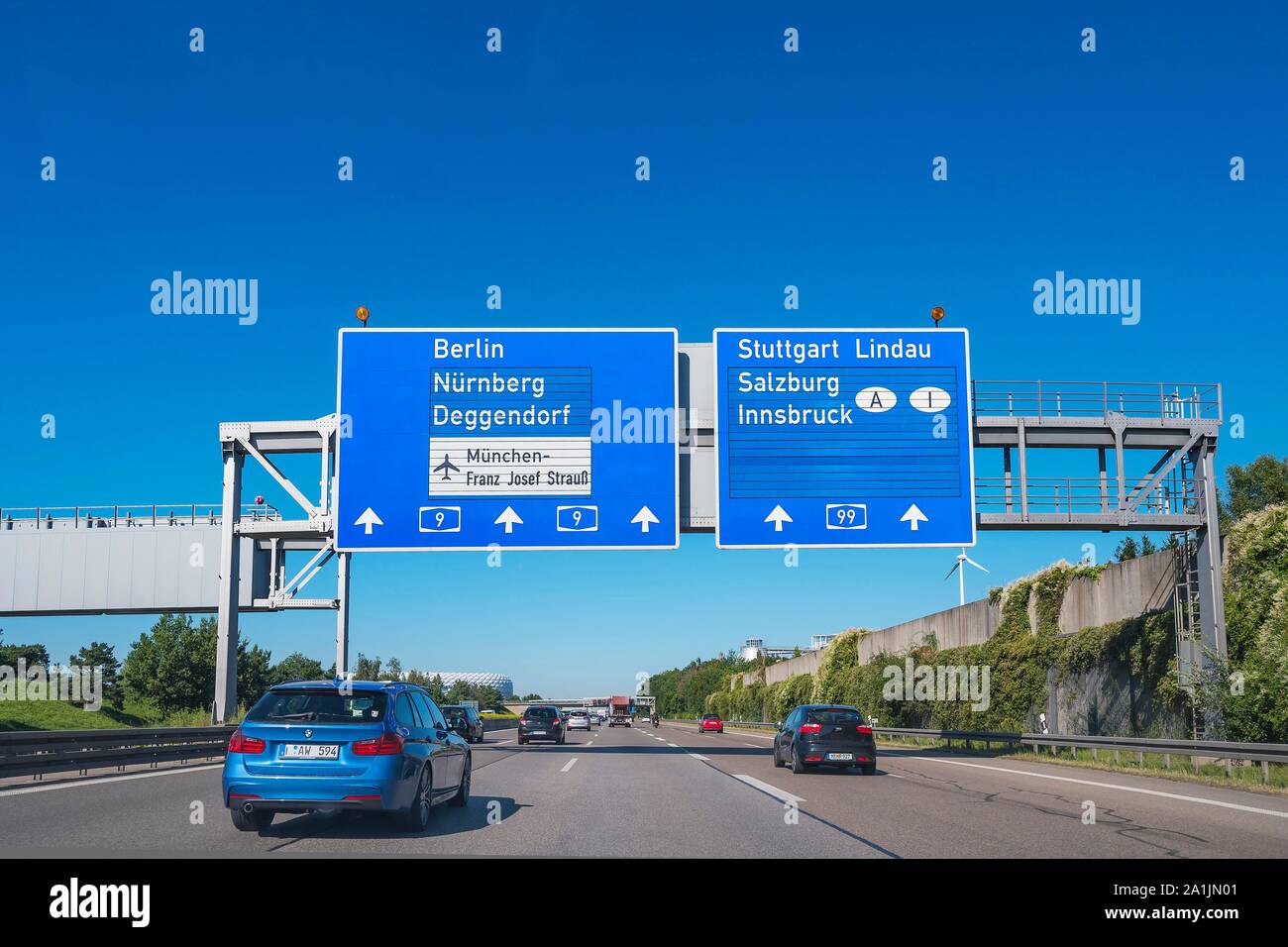 Information signs and greened noise protection wall on the A9 near ...