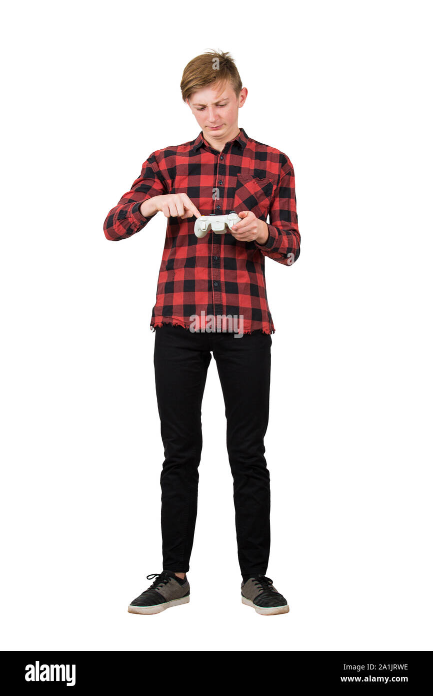 Full length portrait of sad teenage boy has problems playing video ...