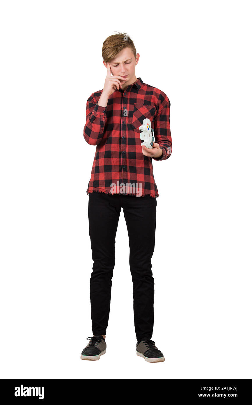 Full length portrait thoughtful and upset teenager has problems playing ...