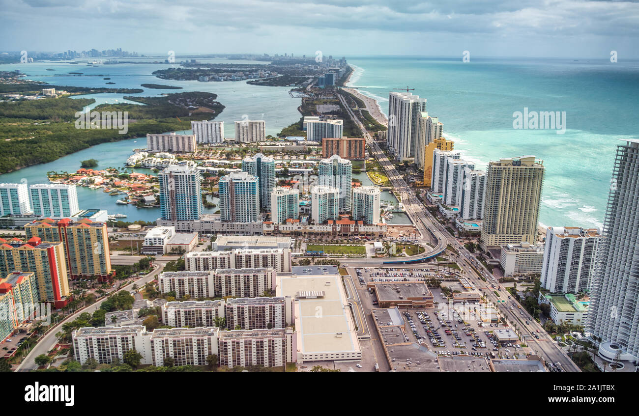 Helicopter aerial view of Miami Beach and city islands, Florida Stock ...
