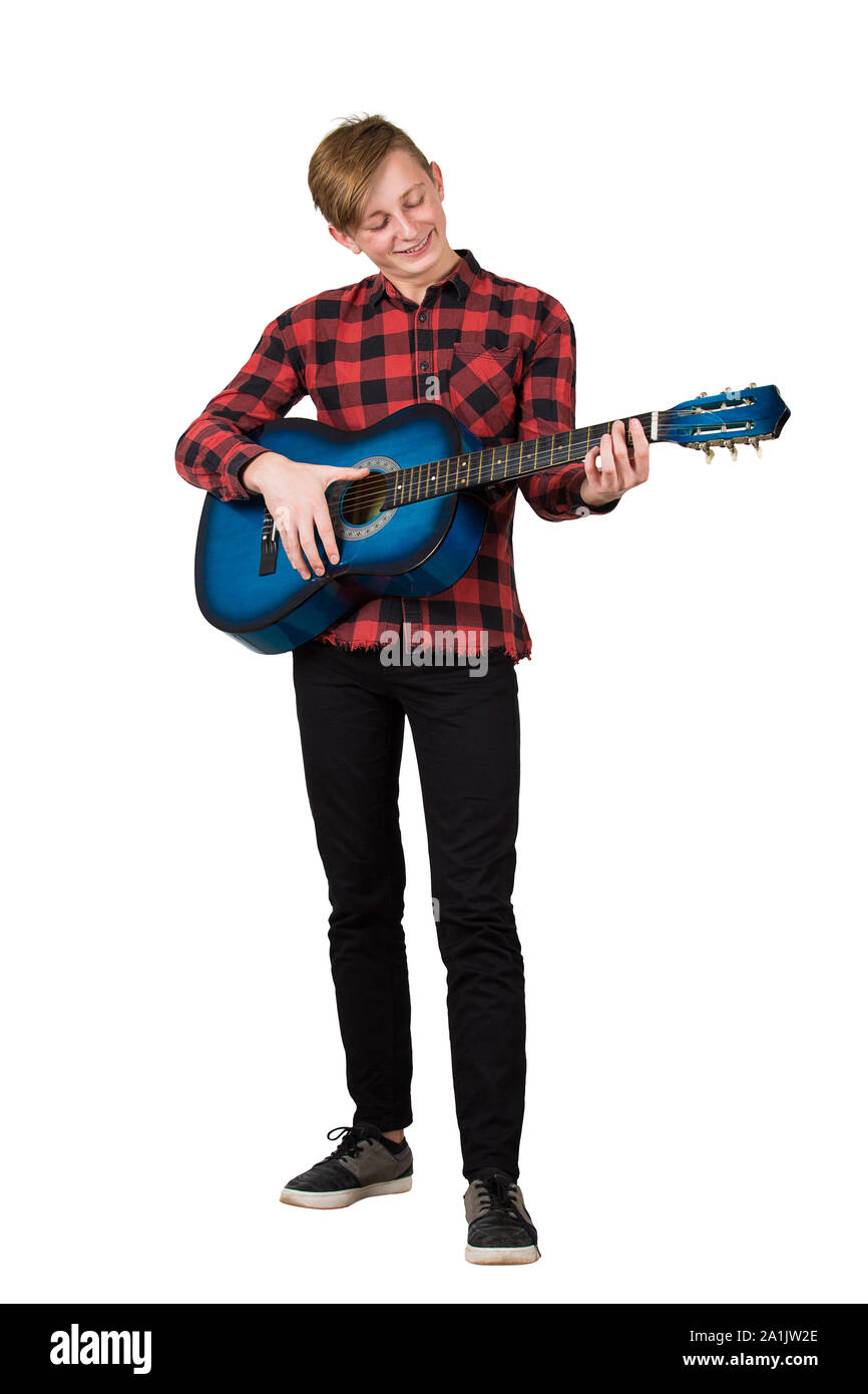Full length portrait of handsome boy teenager playing on the acoustic ...