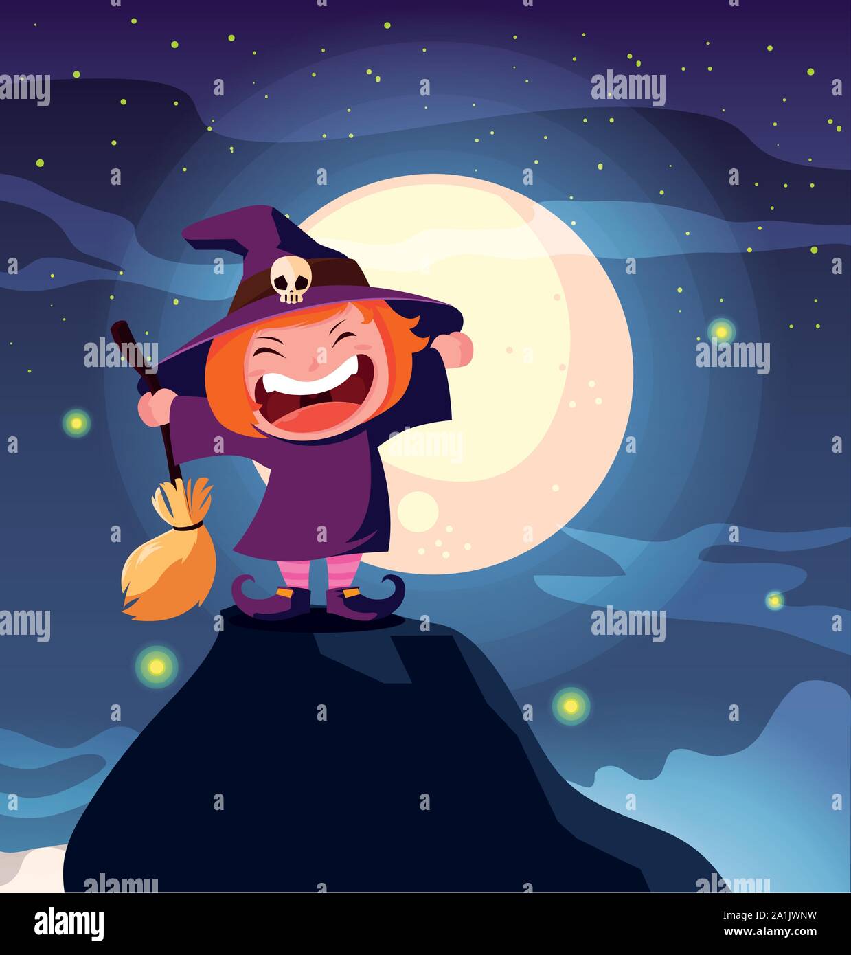 girl disguised as a witch in scene of halloween vector illustration ...