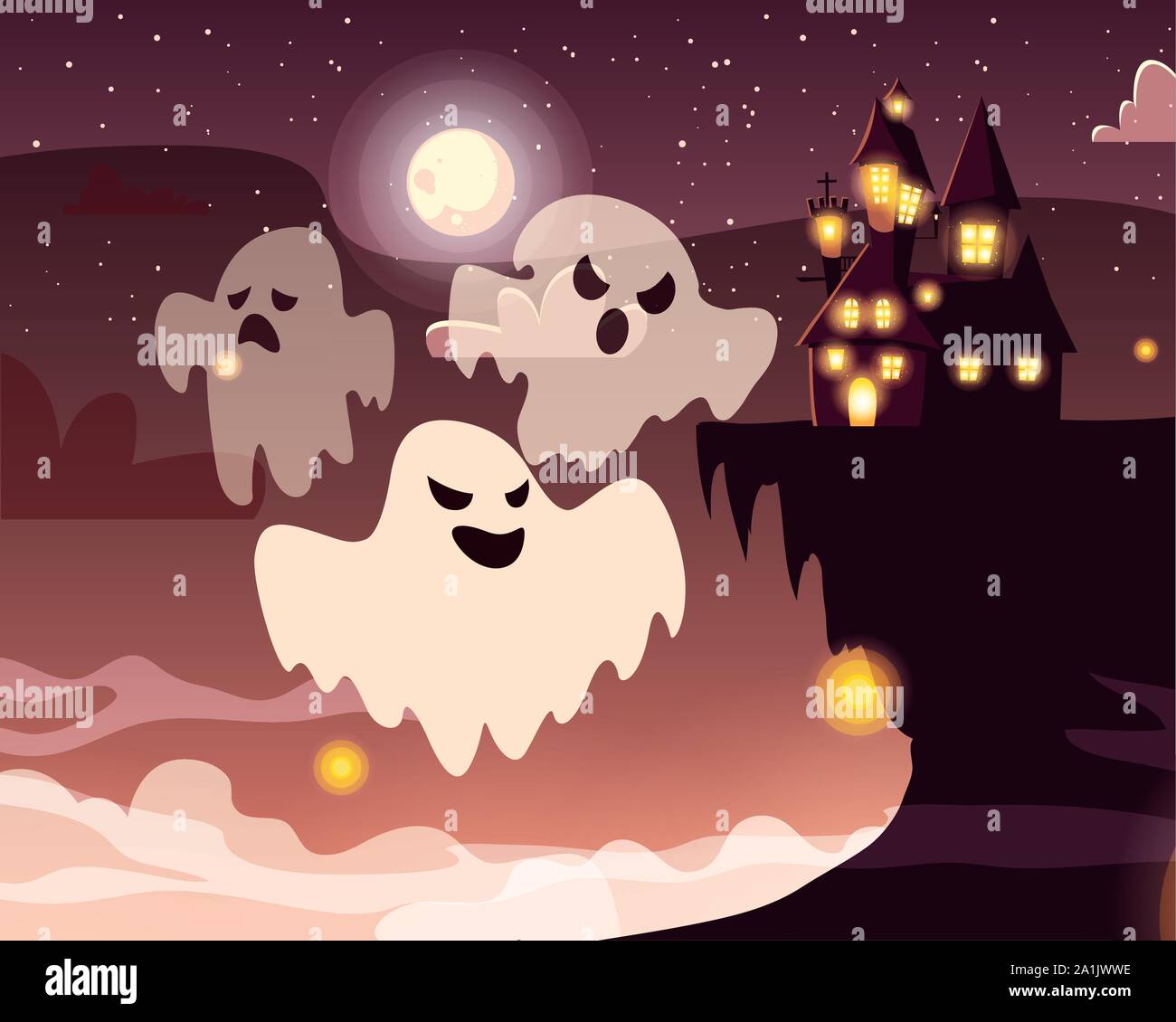 ghost with moon in scene of halloween vector illustration design Stock ...