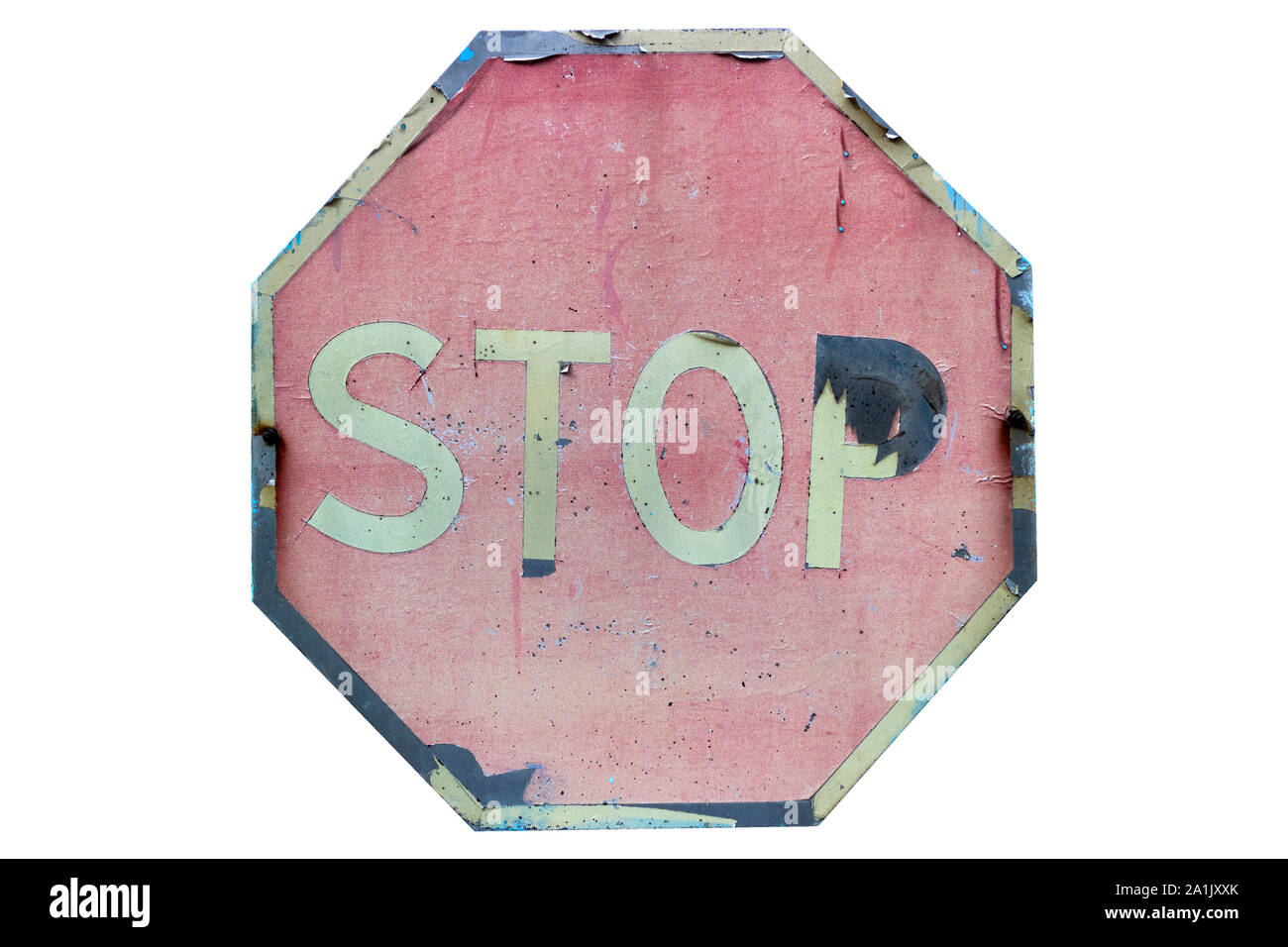 Old handmade road sign 'Stop' isolated on white Stock Photo - Alamy