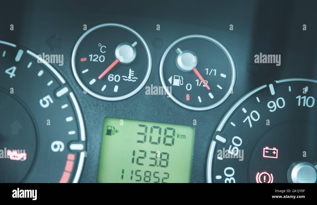 Close up picture of car dashboard with instruments and tachometer Stock ...