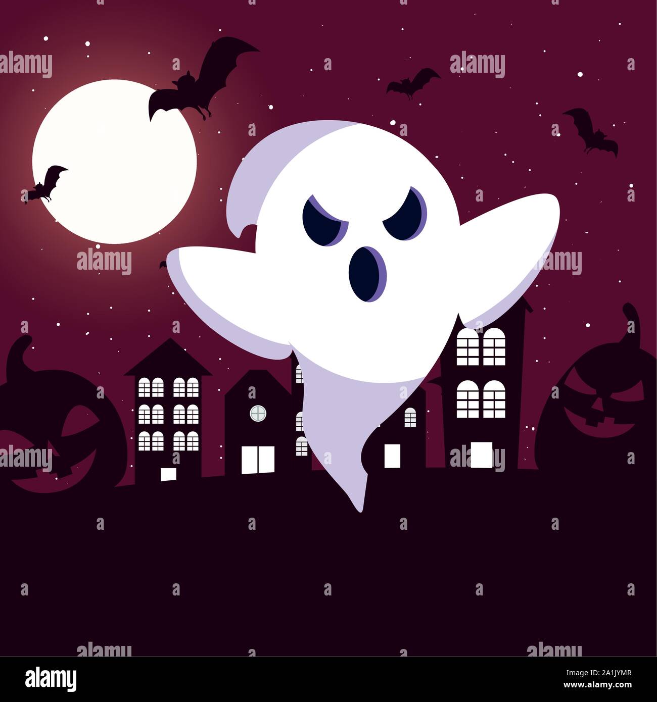 ghost with moon in scene of halloween vector illustration design Stock ...