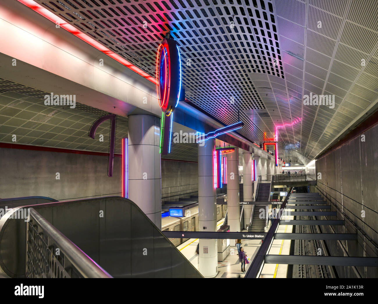 Neon art inside the Pershing Square Metro subway station in downtown ...