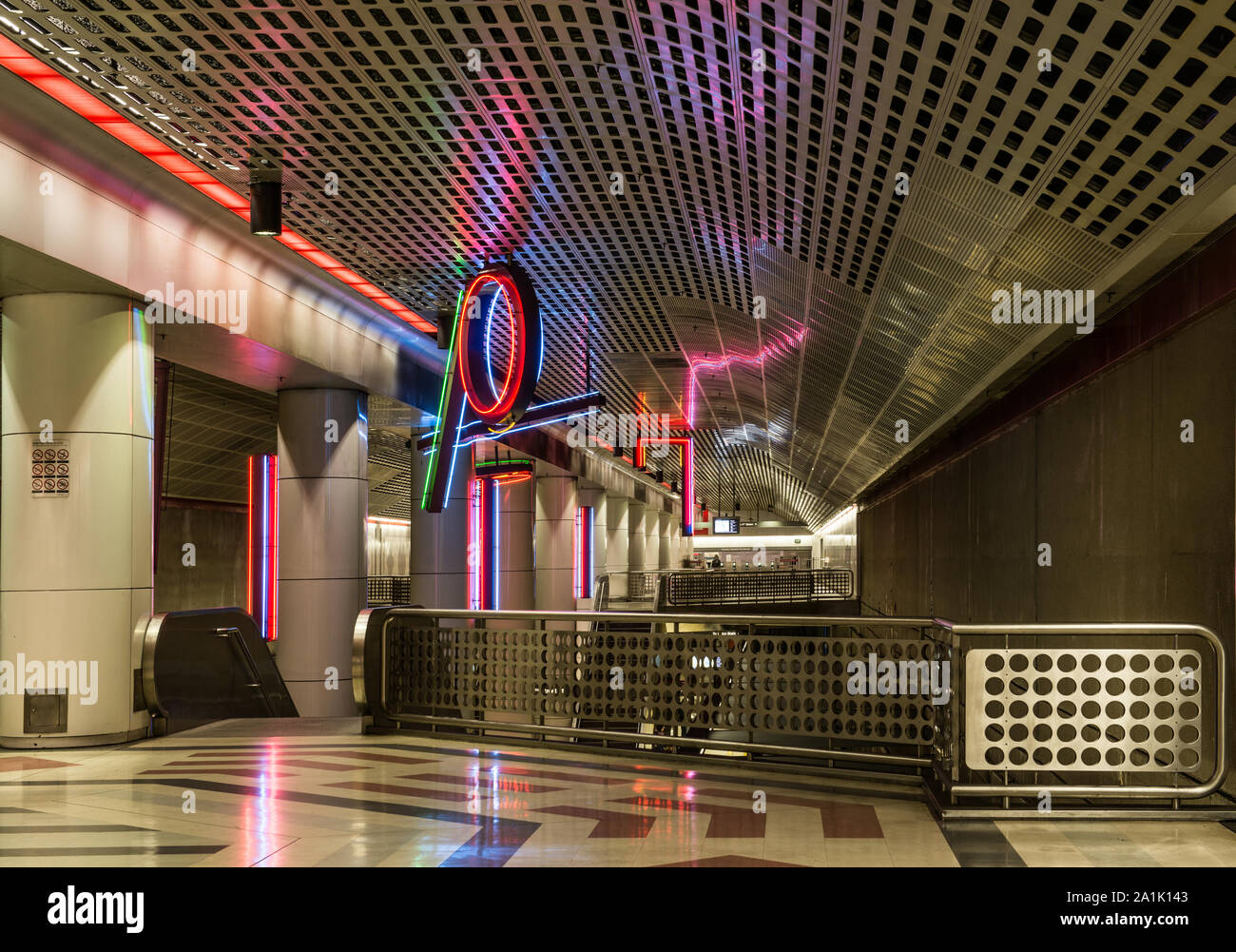 Neon art inside the Pershing Square Metro subway station in downtown ...