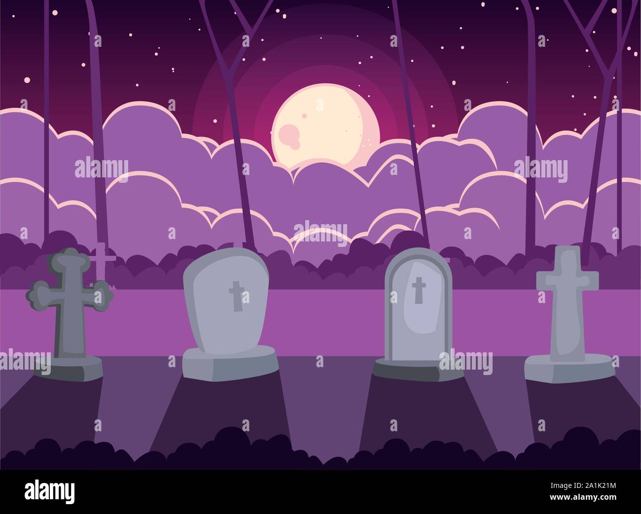 graveyard tombstone with moon in scene of halloween vector illustration ...