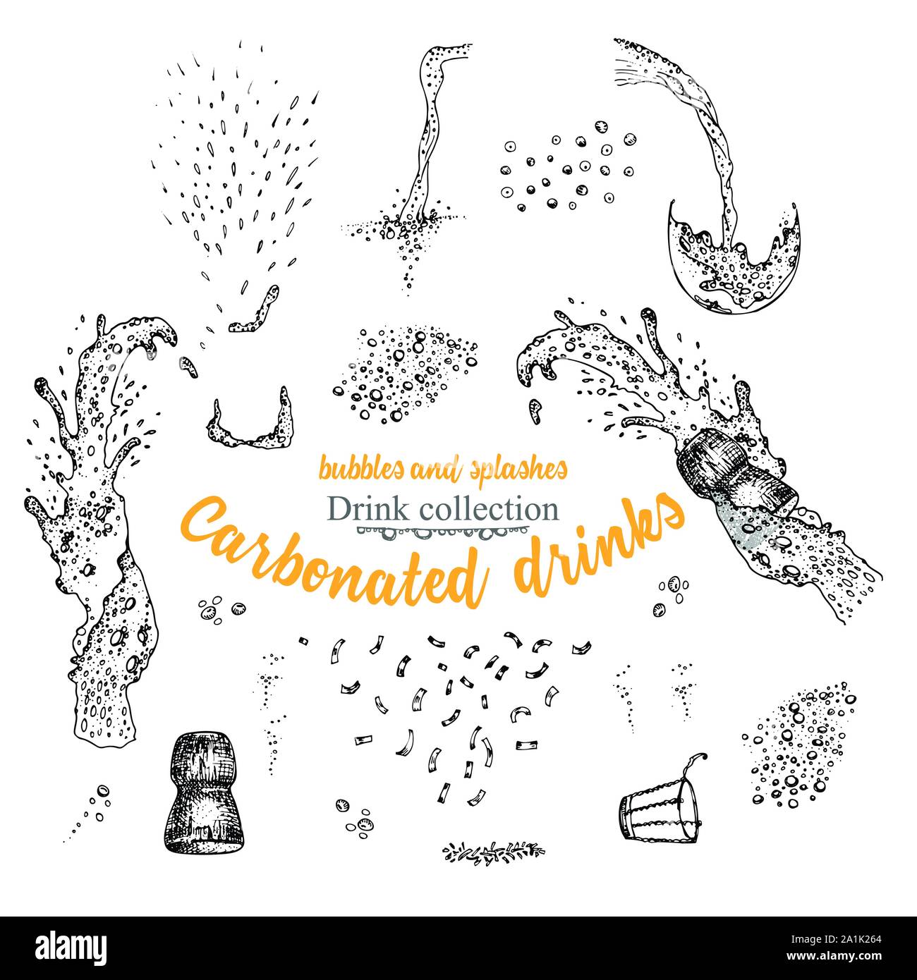 Set hand drawn sketch bursts, bubbles, foam carbonated drinks ...
