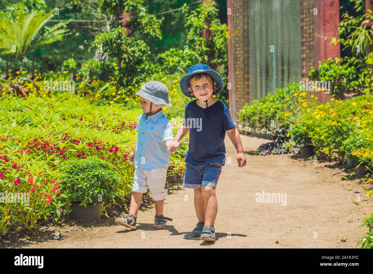 Two happy brothers running together on a park path in a tropical park ...