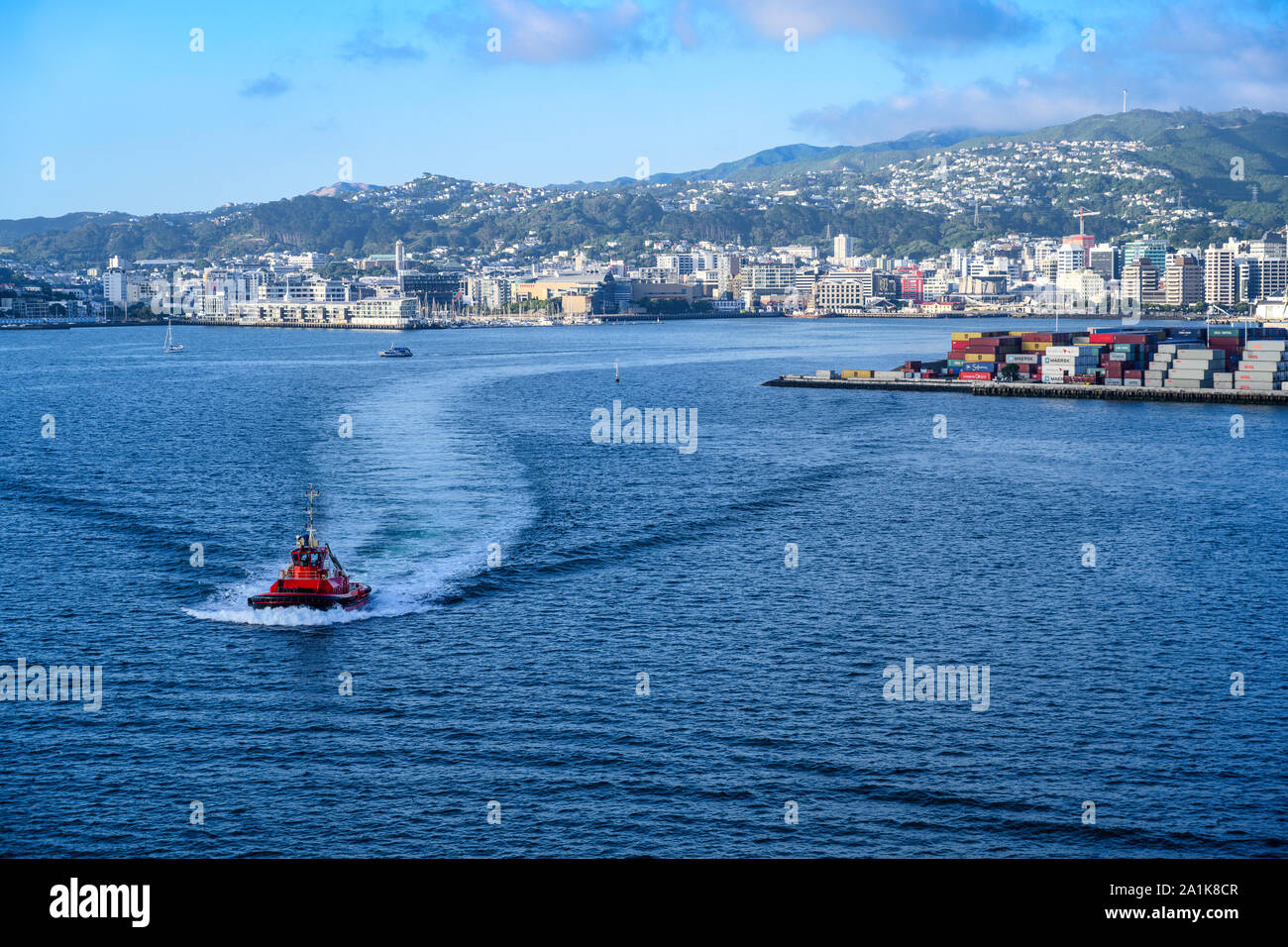 The port of Wellington, New Zealand, with quay and cargo hub on right ...