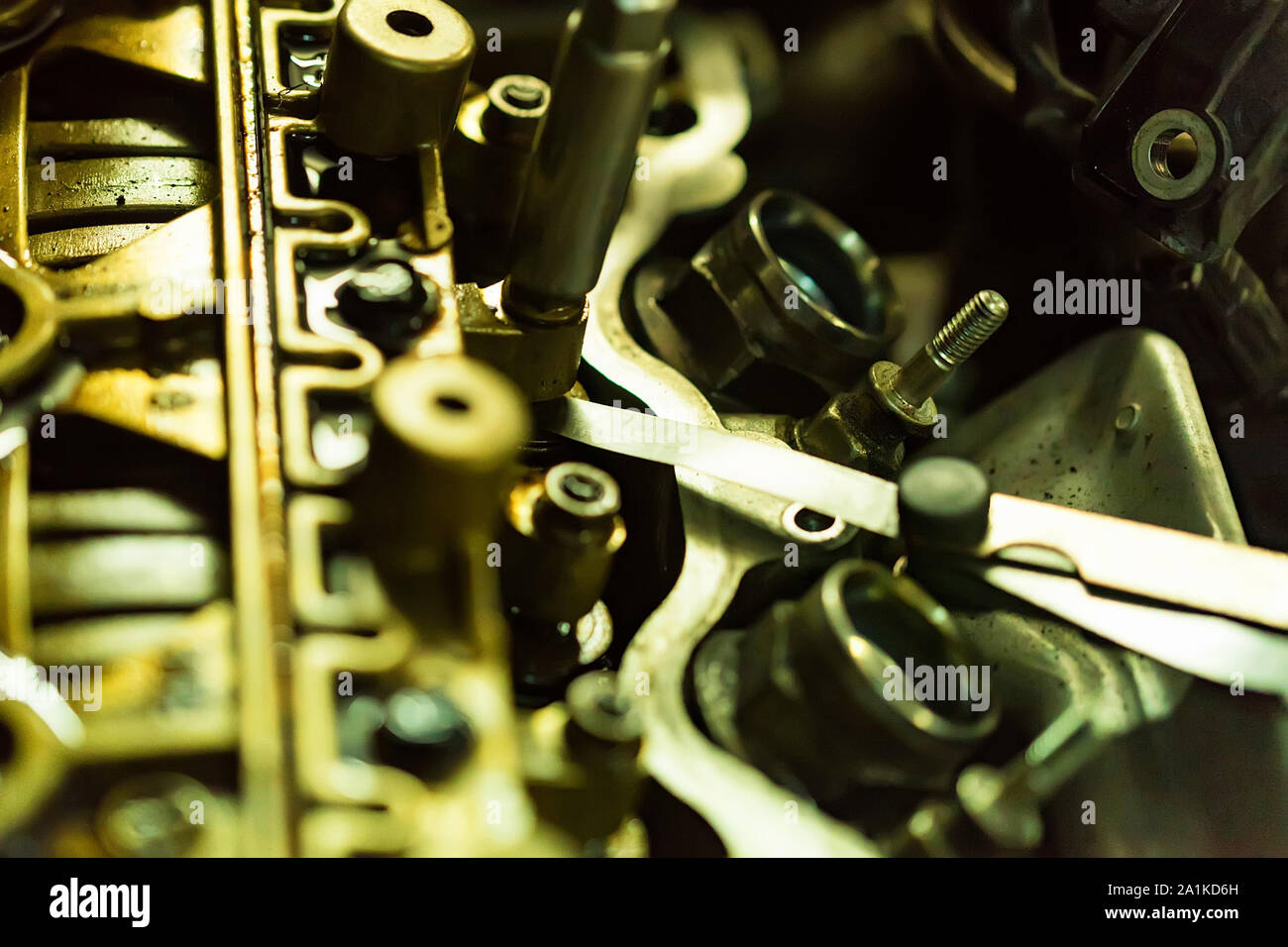 Auto mechanic repair engine in a car repair shop. Close up of cylinder ...