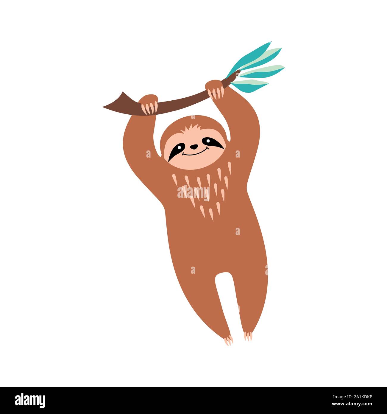 Cute cartoon sloth hanging on a branch. Funny animal isolated on white ...