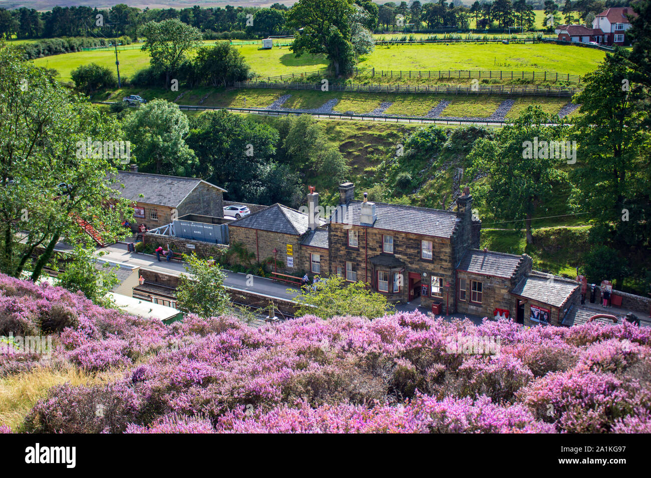 Goathland Train Station from above with purple heather Stock Photo - Alamy