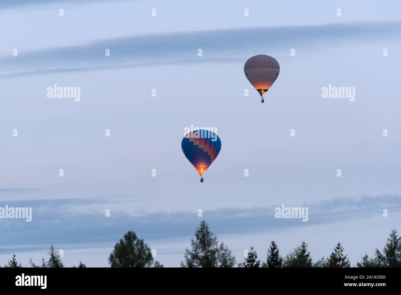 Two hot air balloons float in the cloudy sky. In the foreground ...