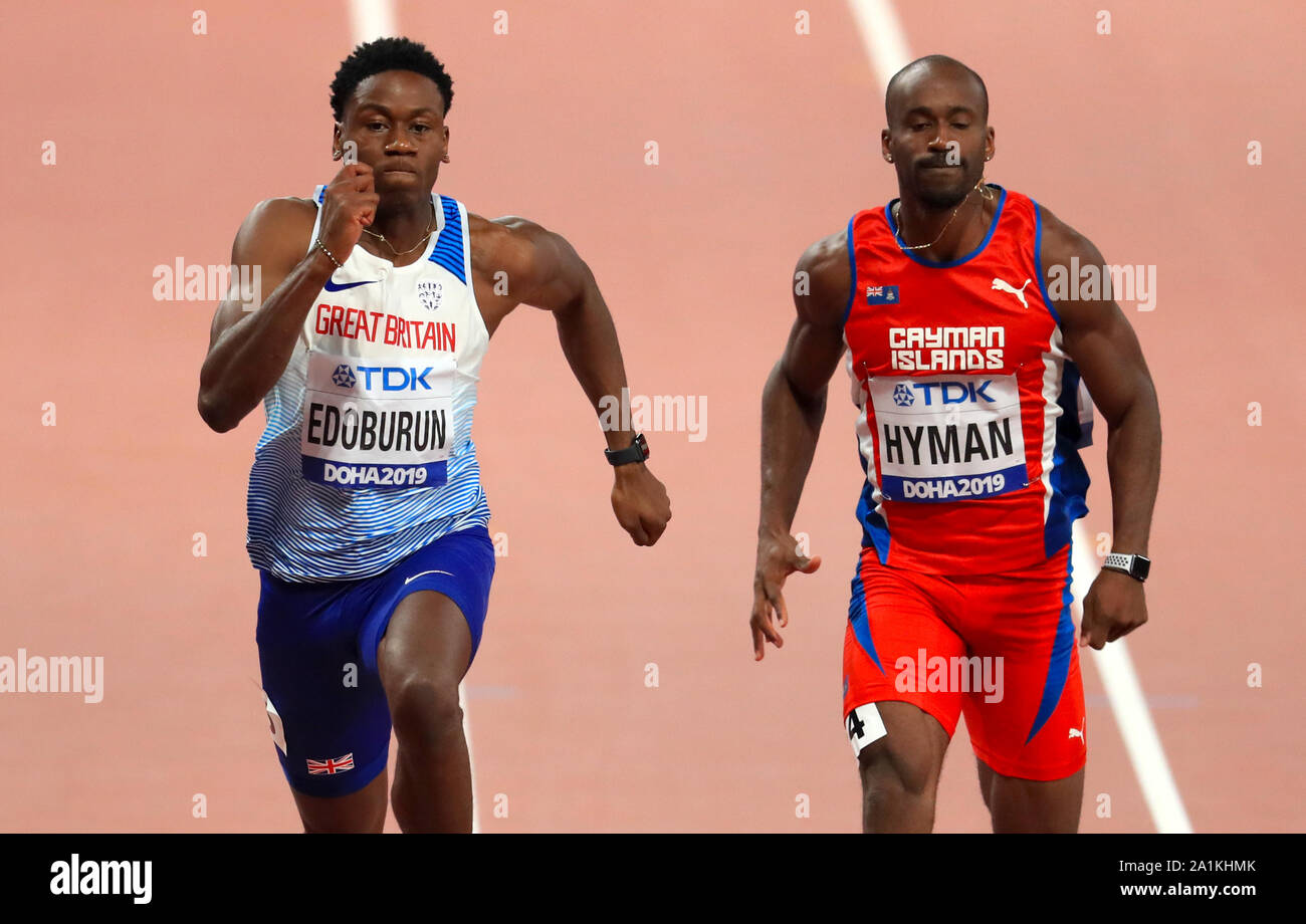 Great Britain's Ojie Edoburun (left) and Cayman Islands' Kemar Hyman ...