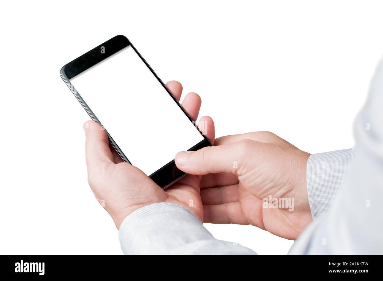 Man in shirt using a blank screen smartphone, over the shoulder shot ...