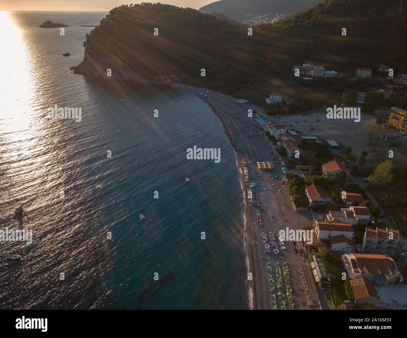 Aerial view of Buljarica beach. It is one of the largest beaches at the ...