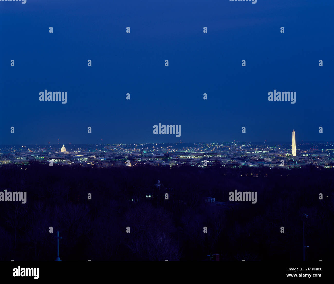 Nighttime aerial view of Washington, D.C. Iluminated are the Washington ...