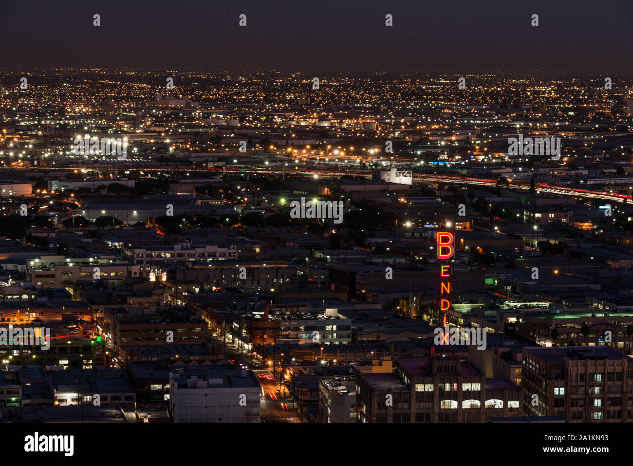 Nighttime skyline view of Los Angeles, California, centering on the ...