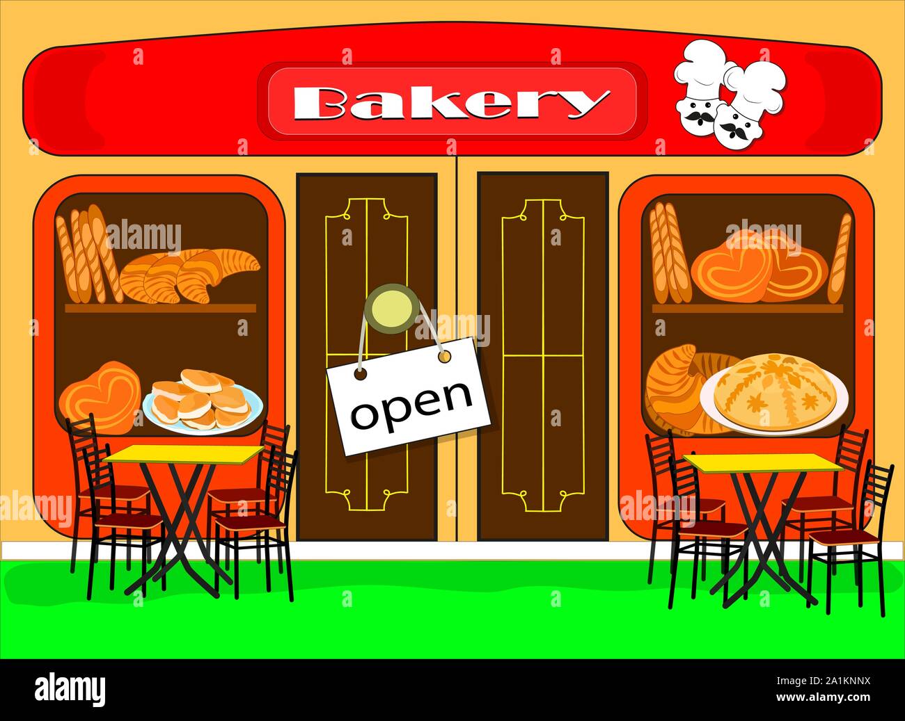 Flat drawing of a Baker's showcase. Small business bakeries. Cafe with ...